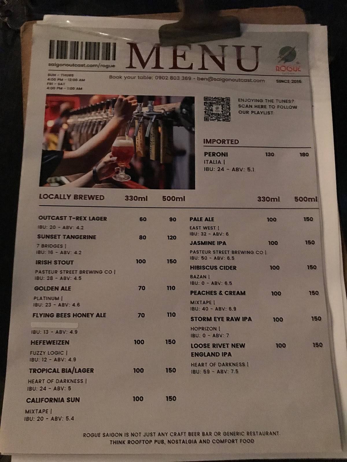 Menu at Rogue Saigon pub & bar, Ho Chi Minh City