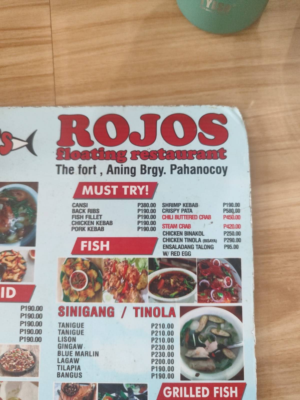 Menu at Rojo's Beach Resort and Floating Restaurant, Bacolod
