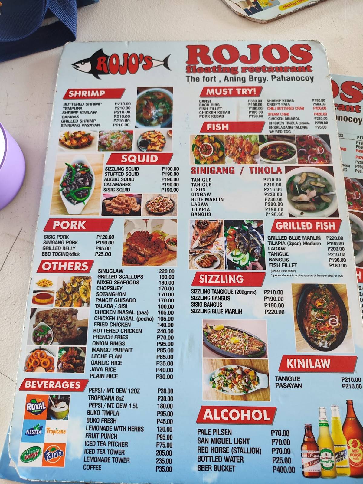Menu at Rojo's Beach Resort and Floating Restaurant, Bacolod