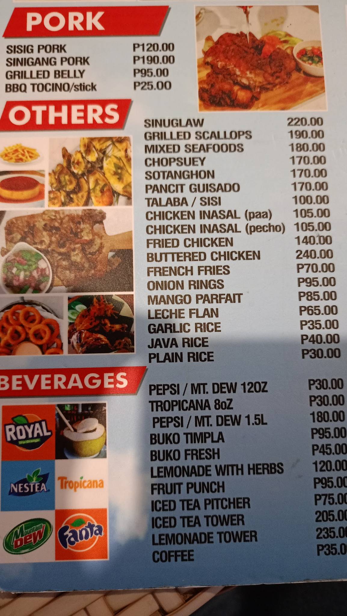 Menu at Rojo's Beach Resort and Floating Restaurant, Bacolod