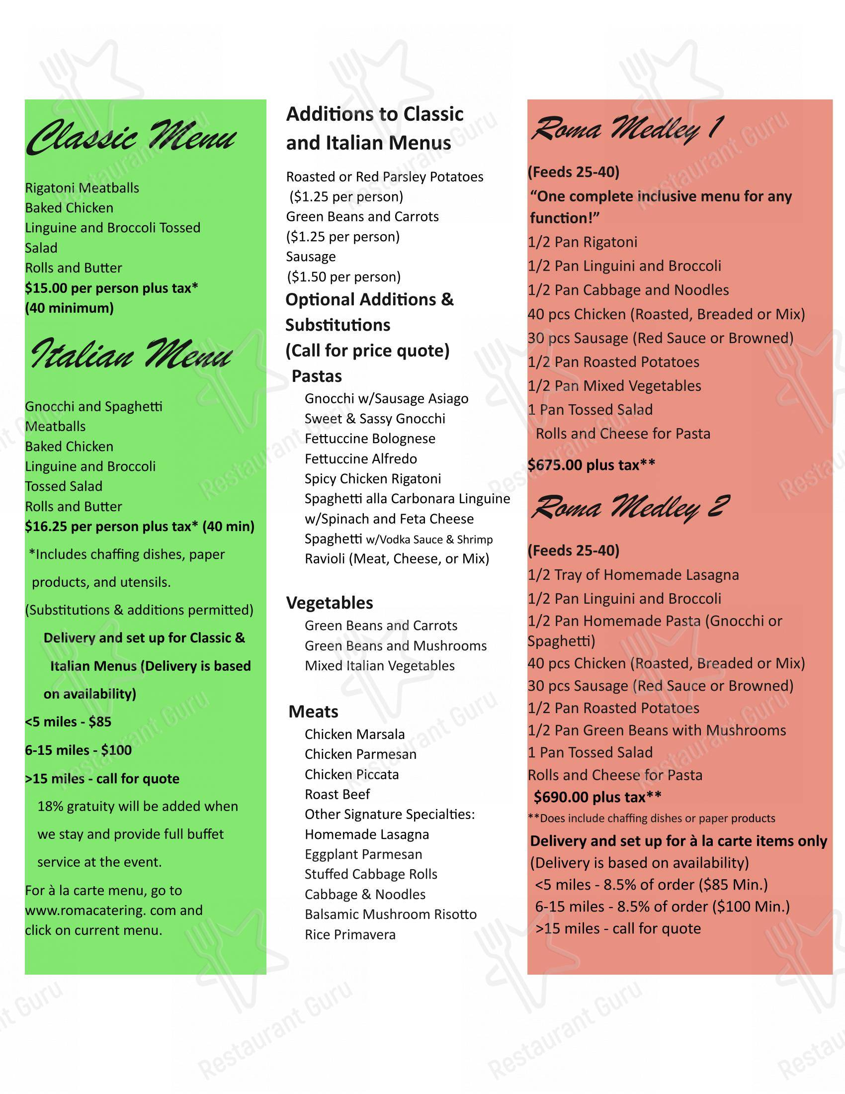 Menu at Roma Catering Aliquippa PA restaurant, Aliquippa