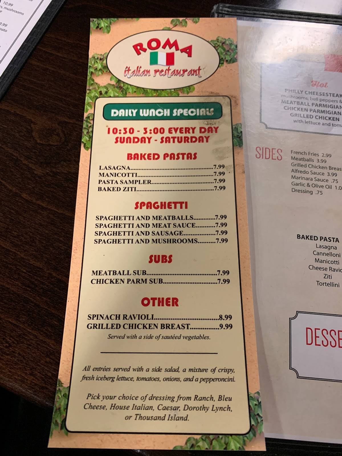 Menu at Roma Italian Restaurant, Bellevue