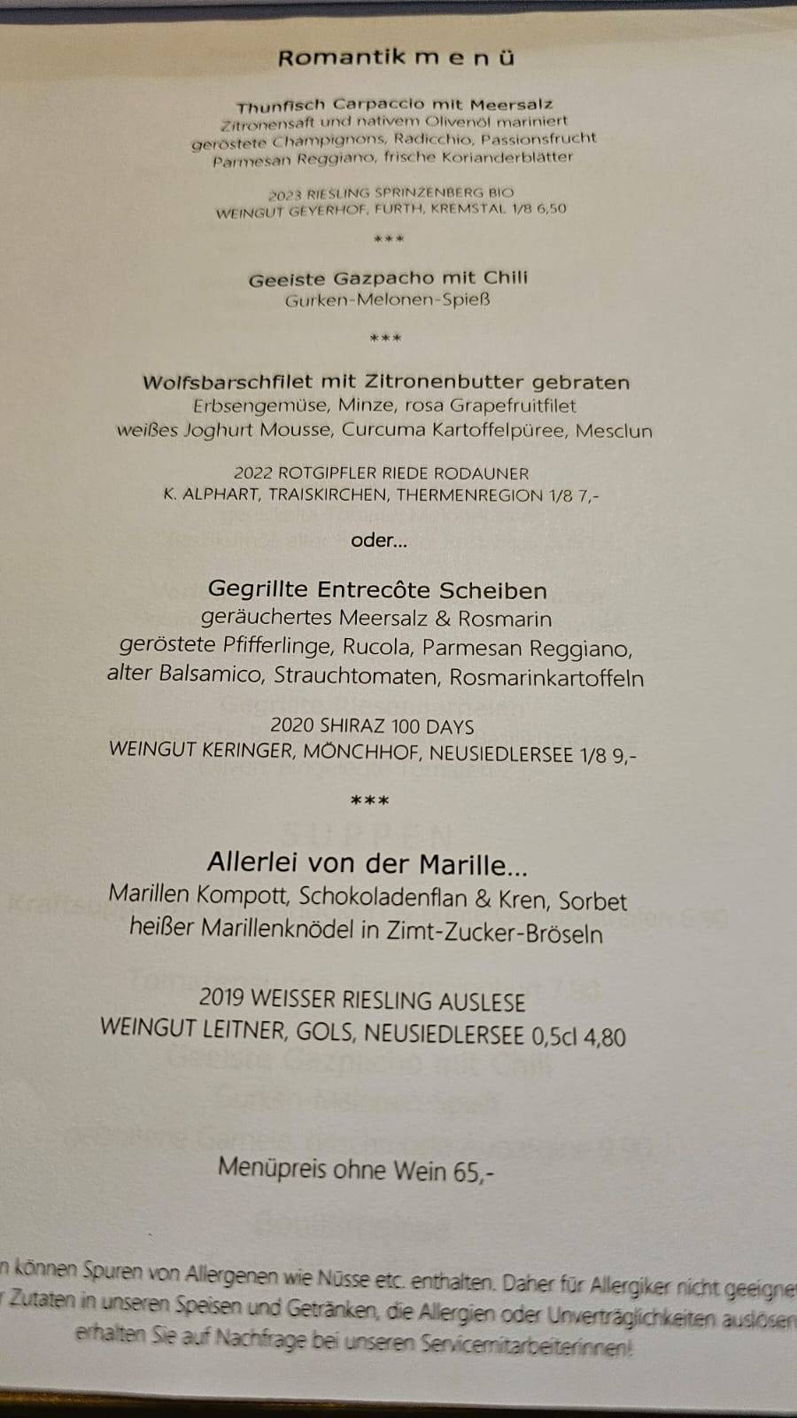 Speisekarte von Romantik Restaurant Altes Gericht, Sulz