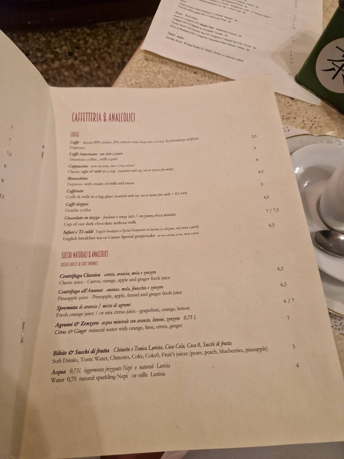 Menu at Caffè Novecento cafe, Rome, Via del Governo Vecchio
