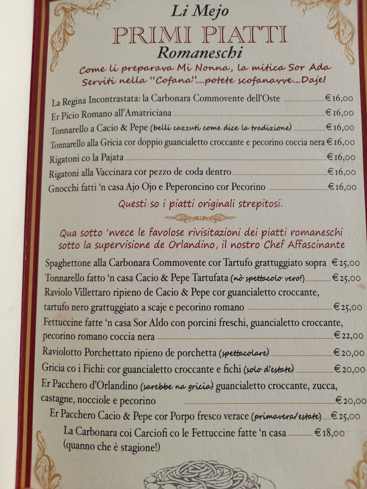 Menu da Ristorante La Villetta dal 1940, Roma, Viale della Piramide Cestia