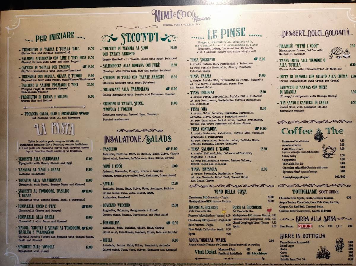 Menu at Mimì e Cocò pub & bar, Rome, Via del Governo Vecchio