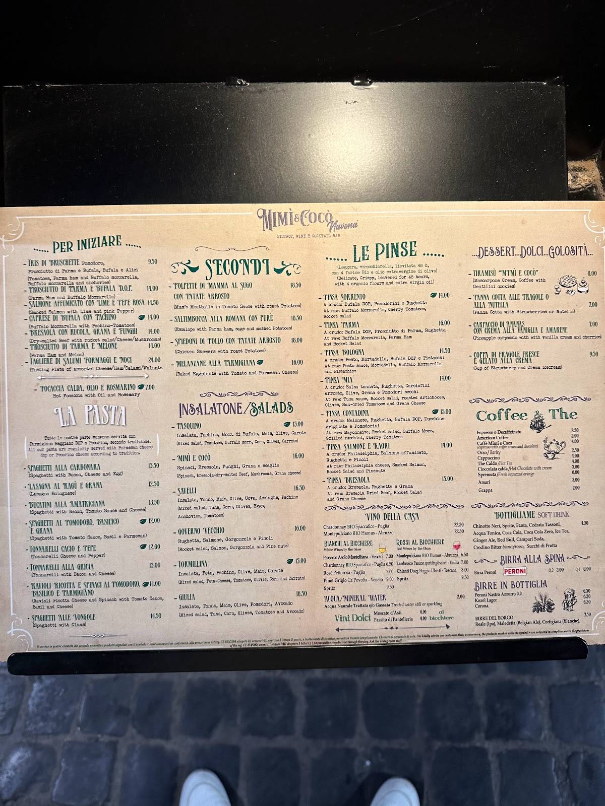 Menu at Mimì e Cocò pub & bar, Rome, Via del Governo Vecchio
