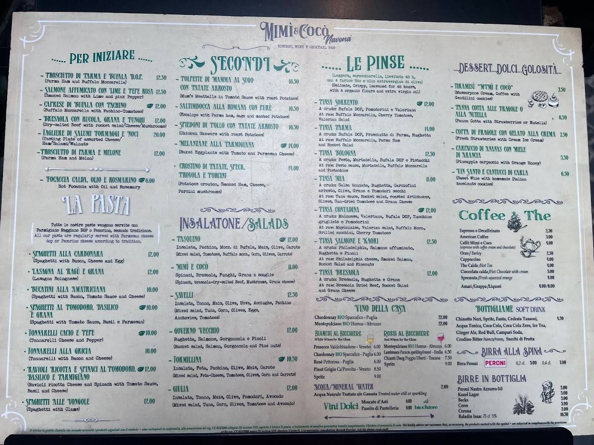 Menu at Mimì e Cocò pub & bar, Rome, Via del Governo Vecchio