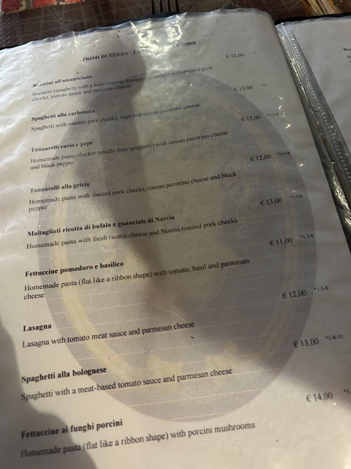 Menu at Pietro al Pantheon restaurant, Rome