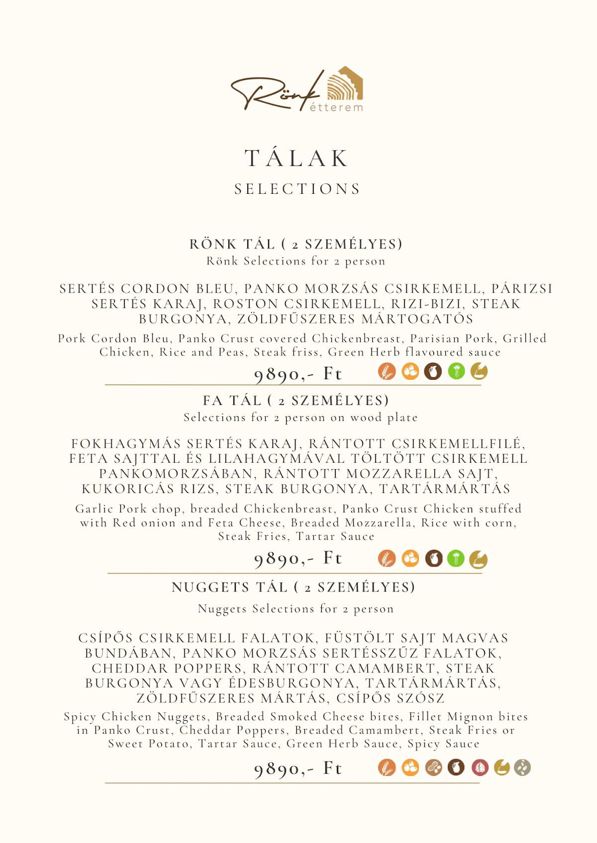 Menu at Rönk Étterem restaurant, Tát