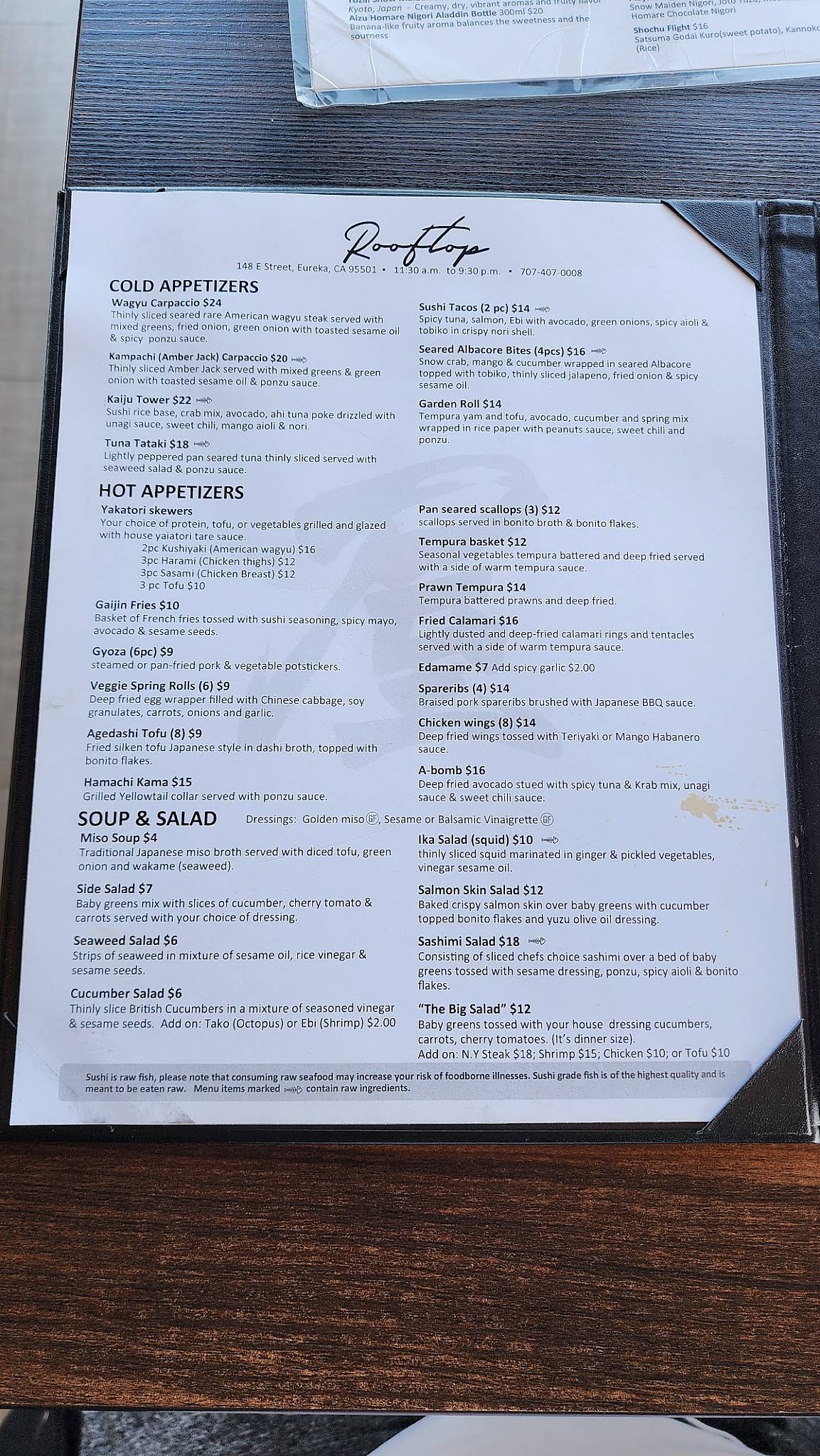 Menu at RoofTop restaurant, Eureka