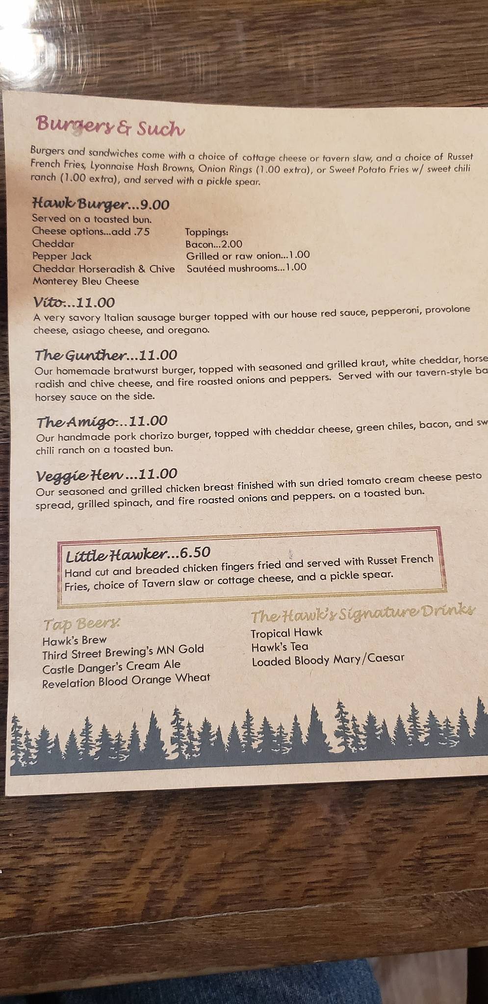 Menu at The Hawk Tasty Tavern restaurant, Roosevelt
