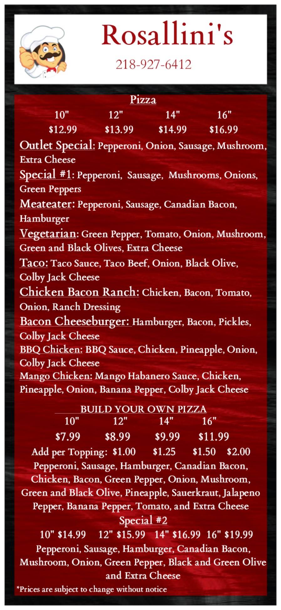 Menu at Rosallini's pizzeria, Aitkin