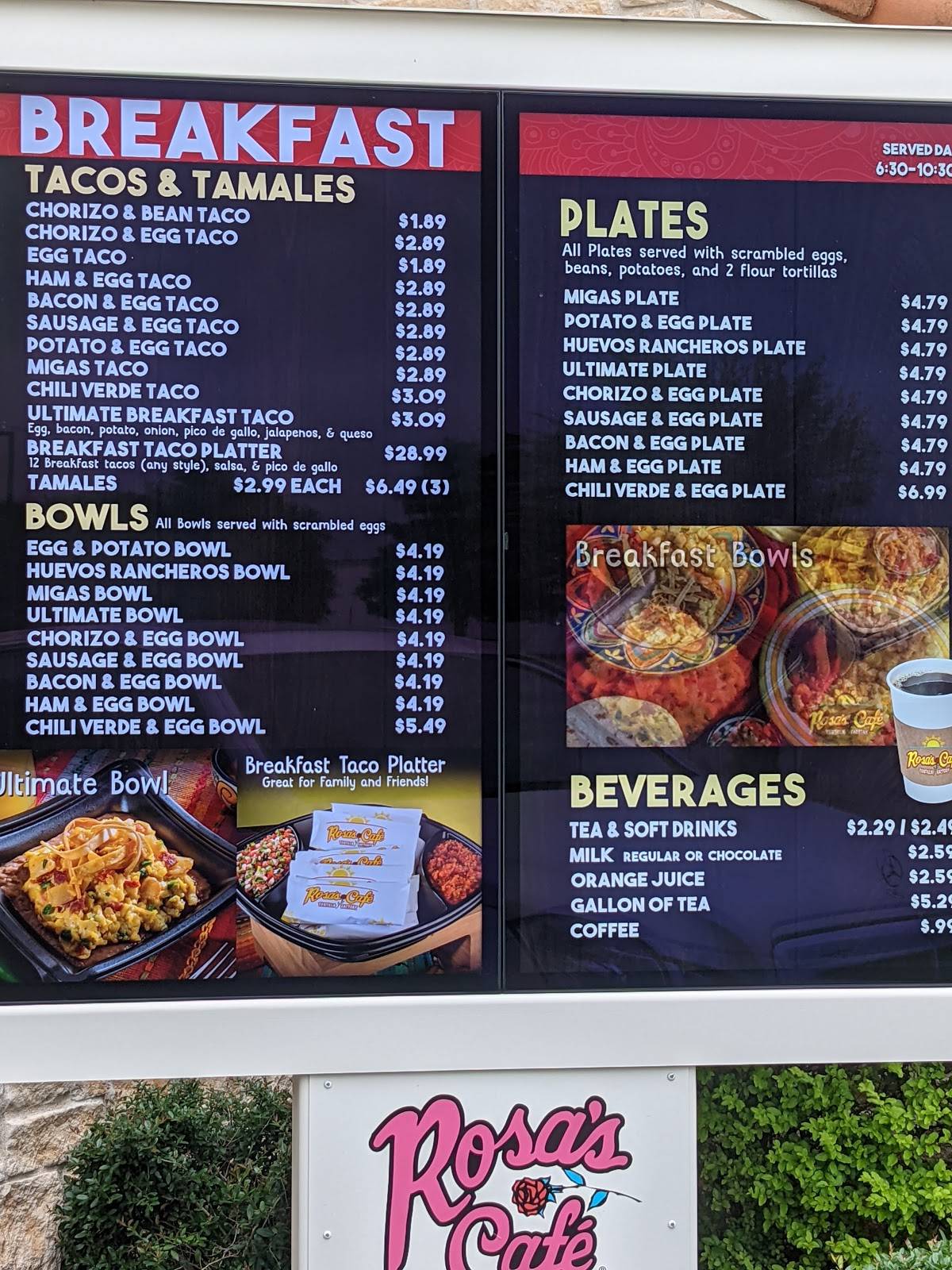 Menu at Rosa's Café & Tortilla Factory restaurant, Waco