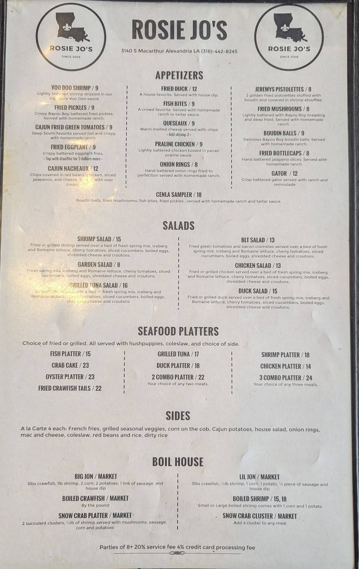 Menu at Rosie Jo's restaurant, Alexandria, S MacArthur Dr
