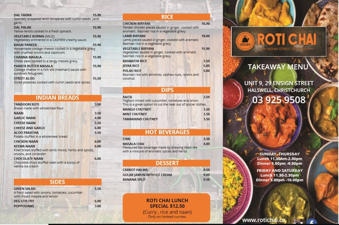 Menu at Roti Chai Indian Street Kitchen Halswell restaurant, Christchurch