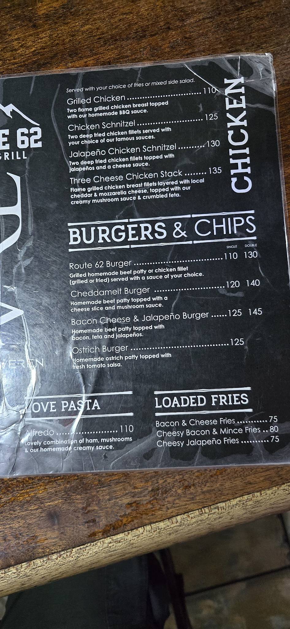 Menu at Route 62 Bar and Grill, Oudtshoorn
