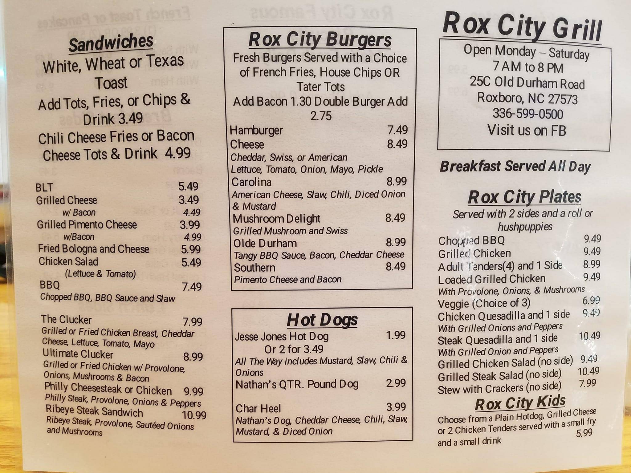 Menu at Rox City Grill restaurant, Roxboro