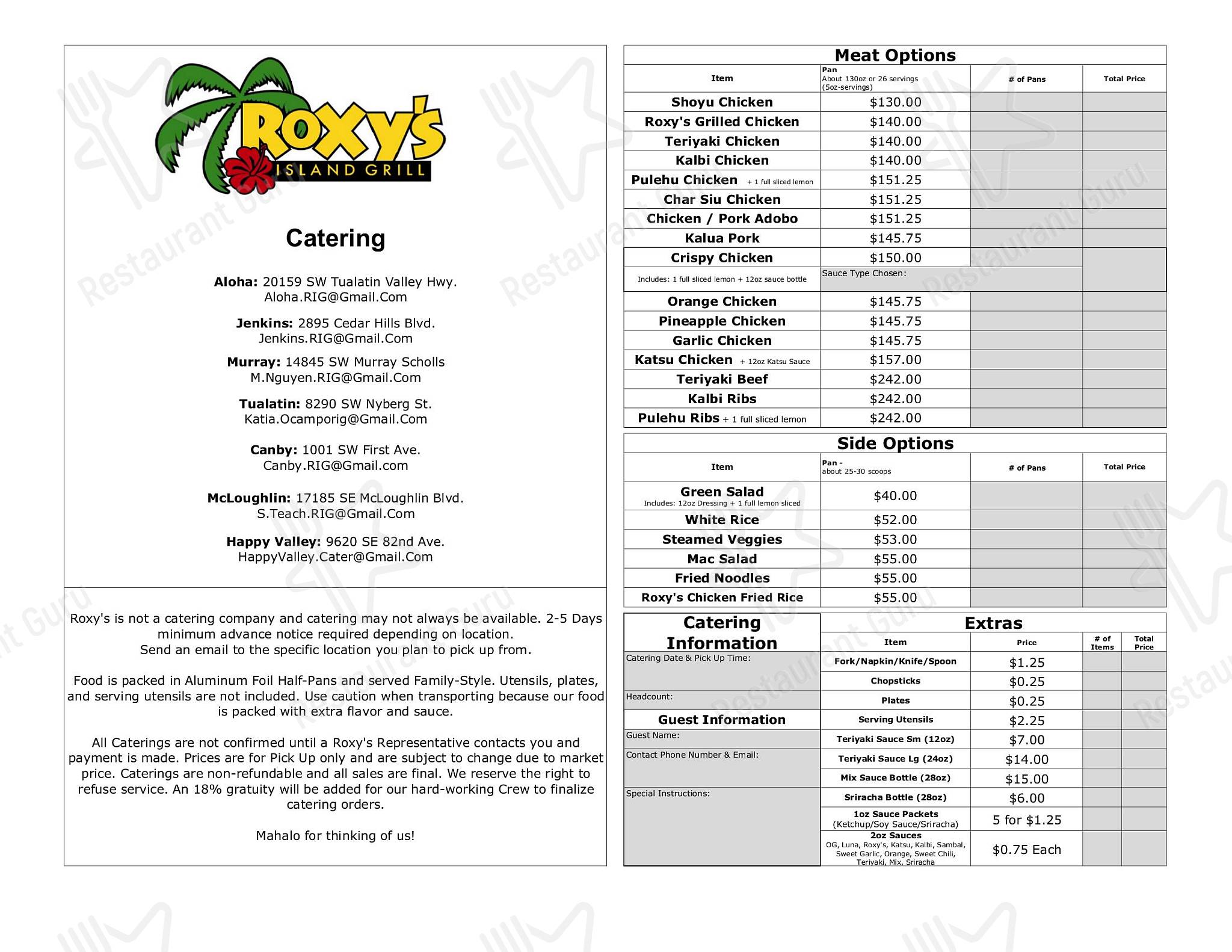 Menu at Roxy's Island Grill BBQ, Portland, SE 82nd Ave C