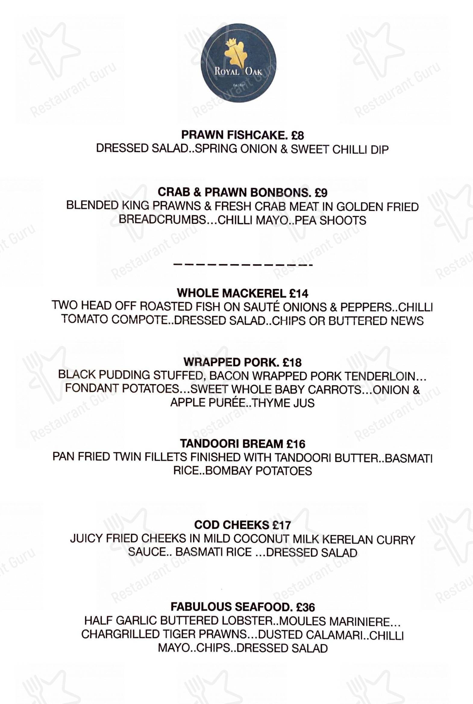 Menu at Royal Oak Inn pub & bar, Saundersfoot