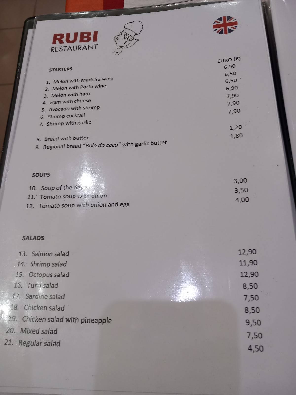 Menu em Rubi's Snack Bar, Funchal