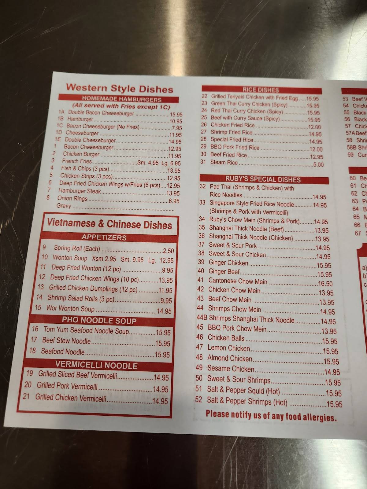 Menu at Ruby's Kitchen in Beiseker restaurant, Beiseker