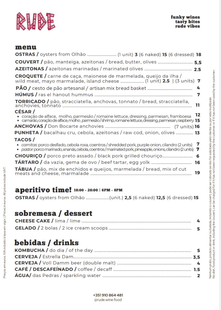 Menu em Rude pub & Bar, Lisboa