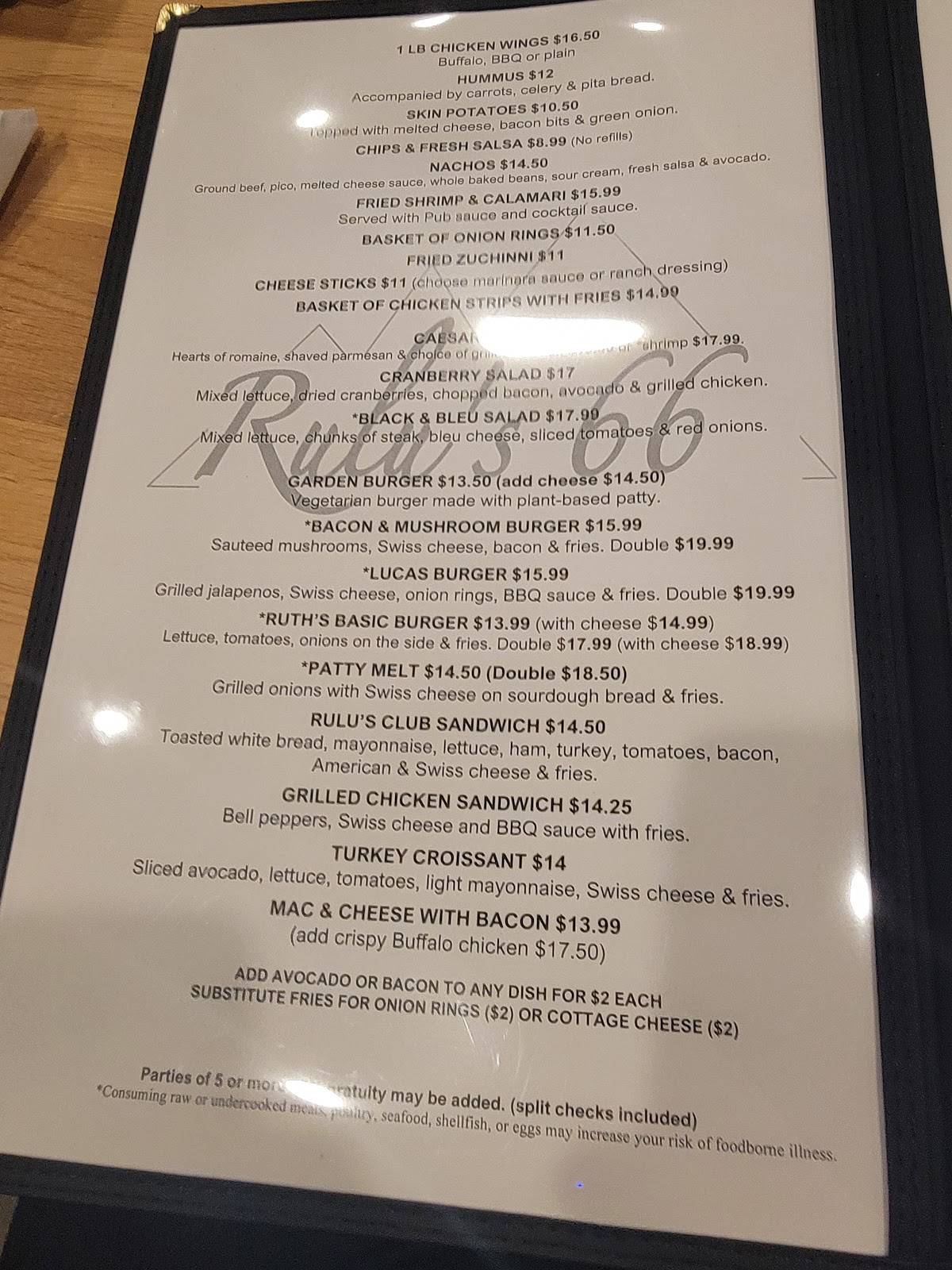 Menu at Rulu's 66 Bar and Grill, Williams