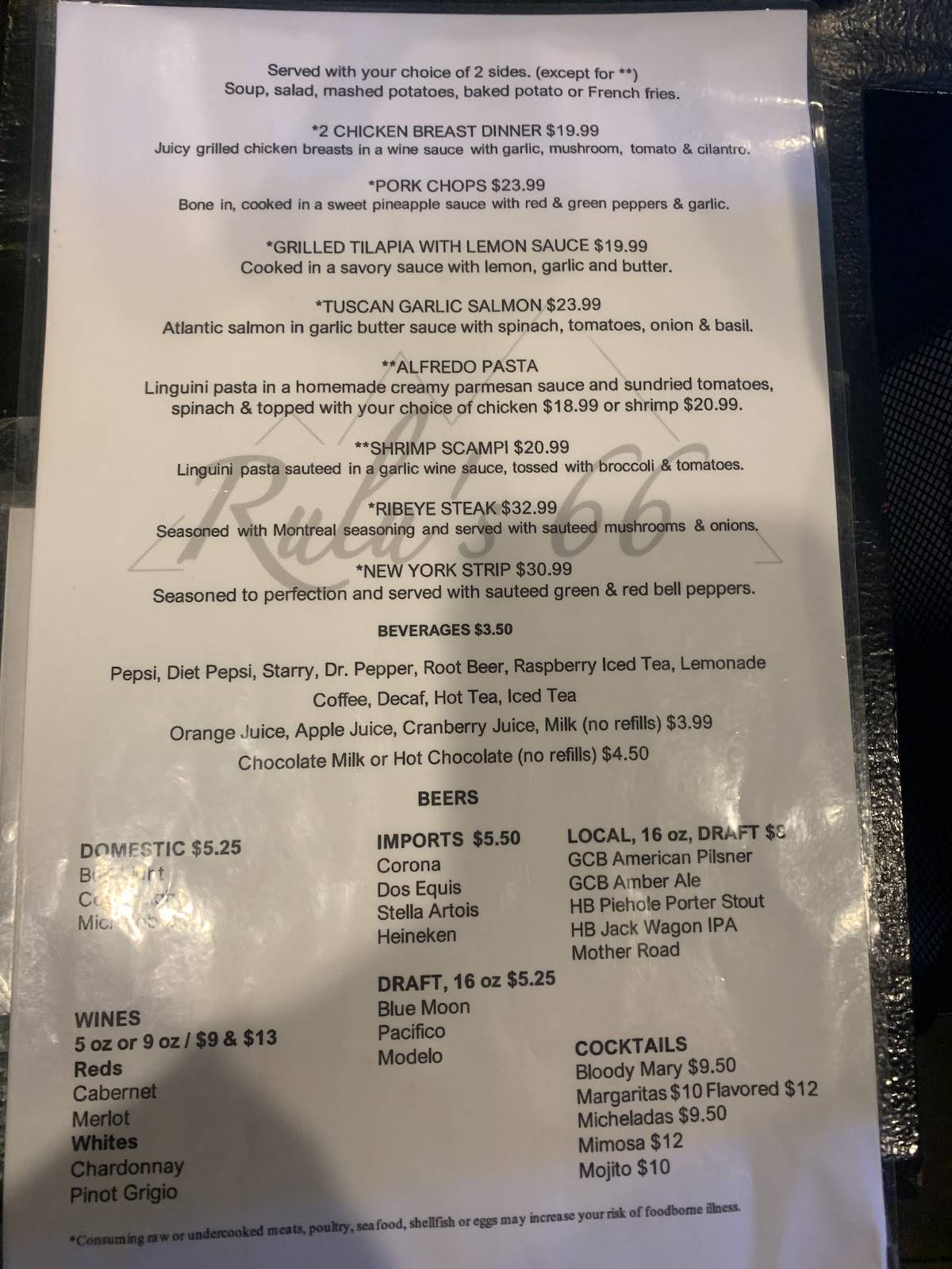 Menu at Rulu's 66 Bar and Grill, Williams