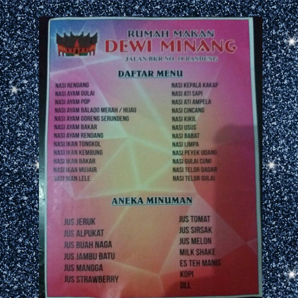 Menu at Rumah Makan Dewi Minang restaurant, Bandung, Jl. BKR No.18