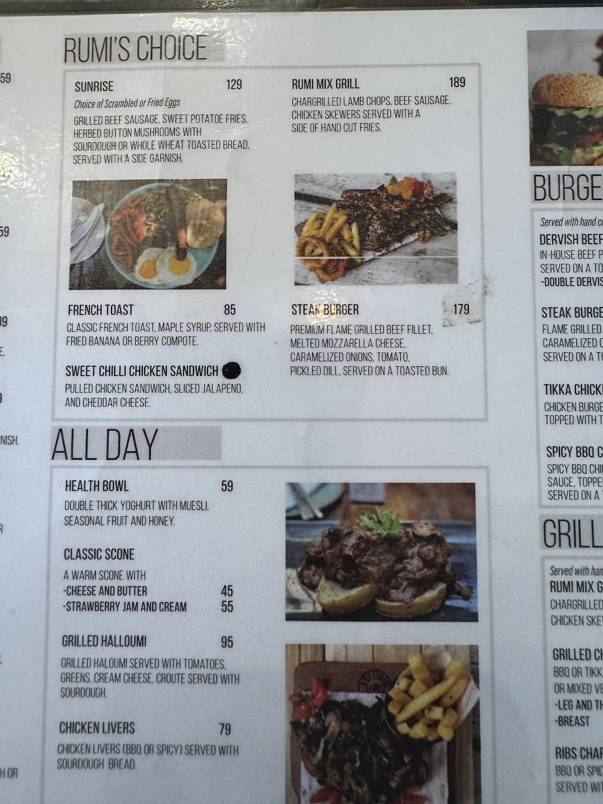 Menu at Rumi Cafe, Cape Town