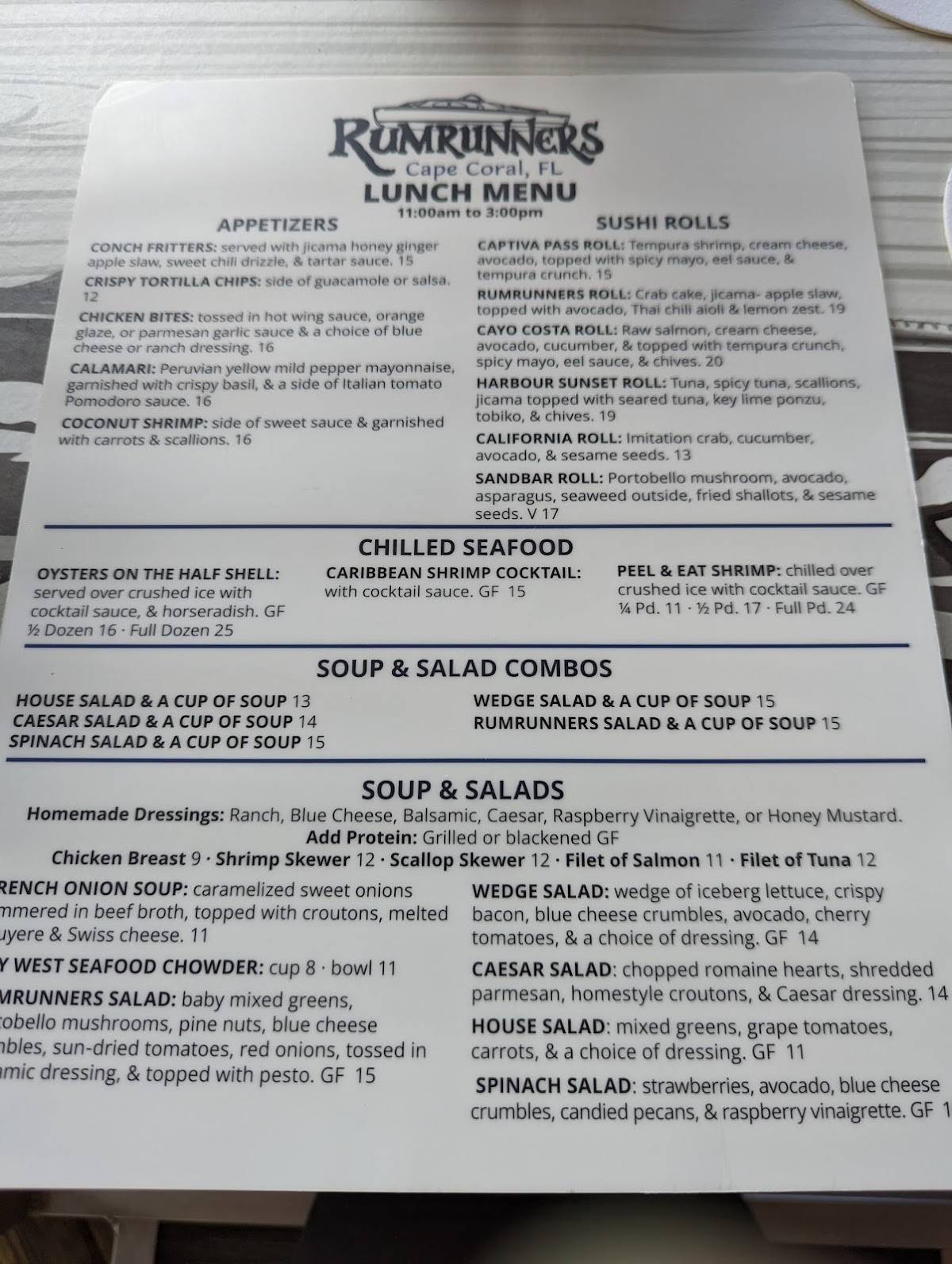 Menu at Rumrunners steakhouse, Cape Coral, Cape Harbour Dr