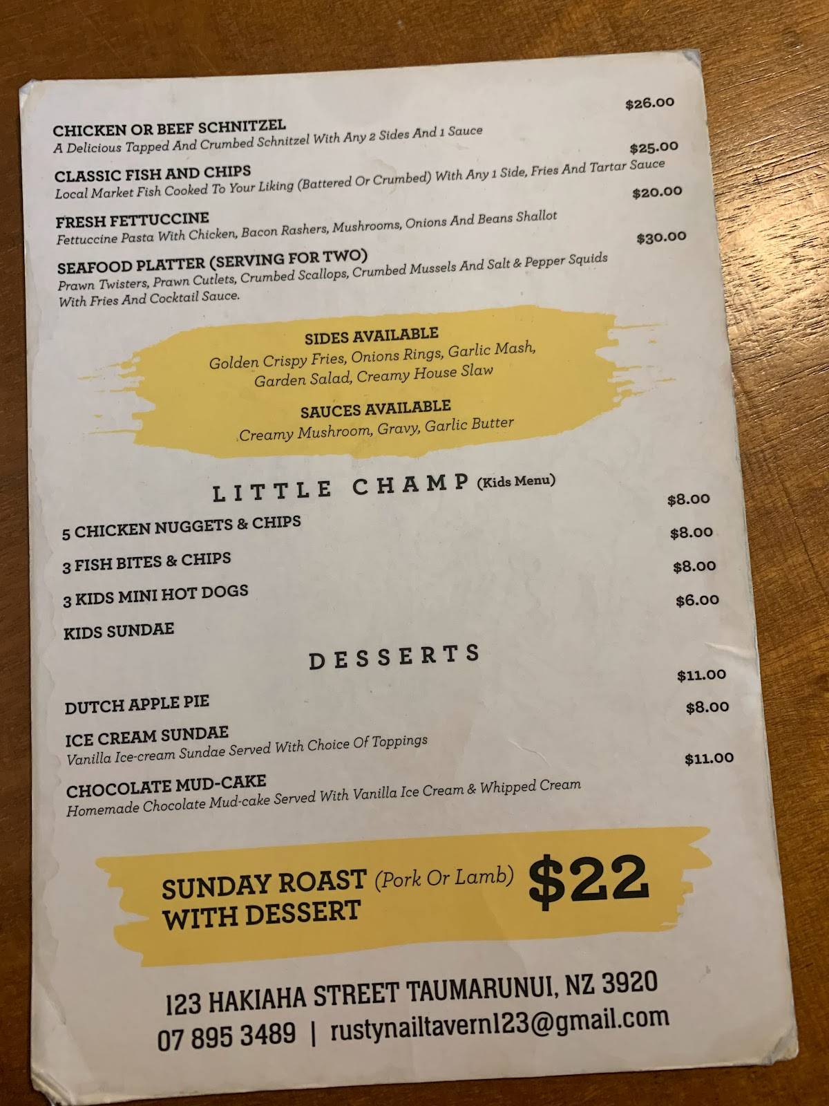 Menu at Rusty Nail Tavern restaurant, Taumarunui