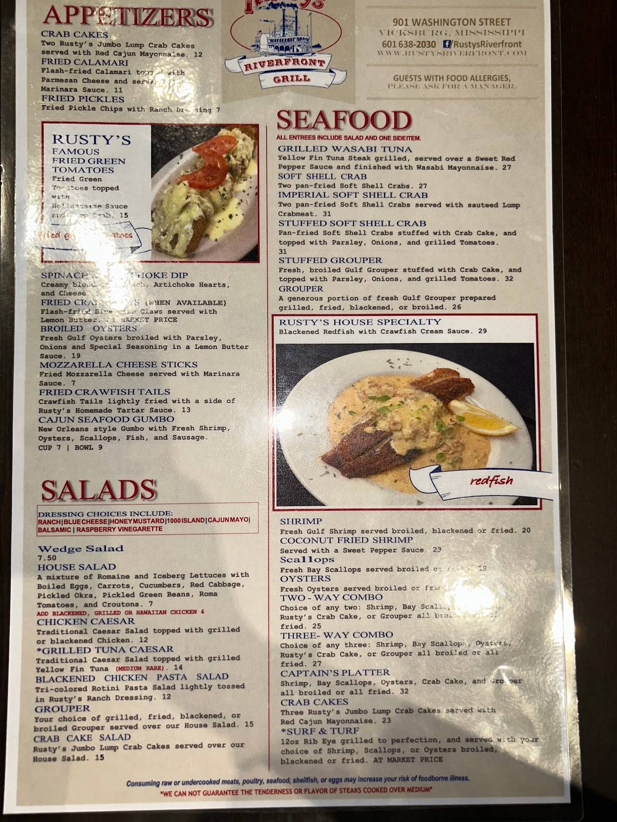 Menu at Rusty's Riverfront Grill restaurant, Vicksburg