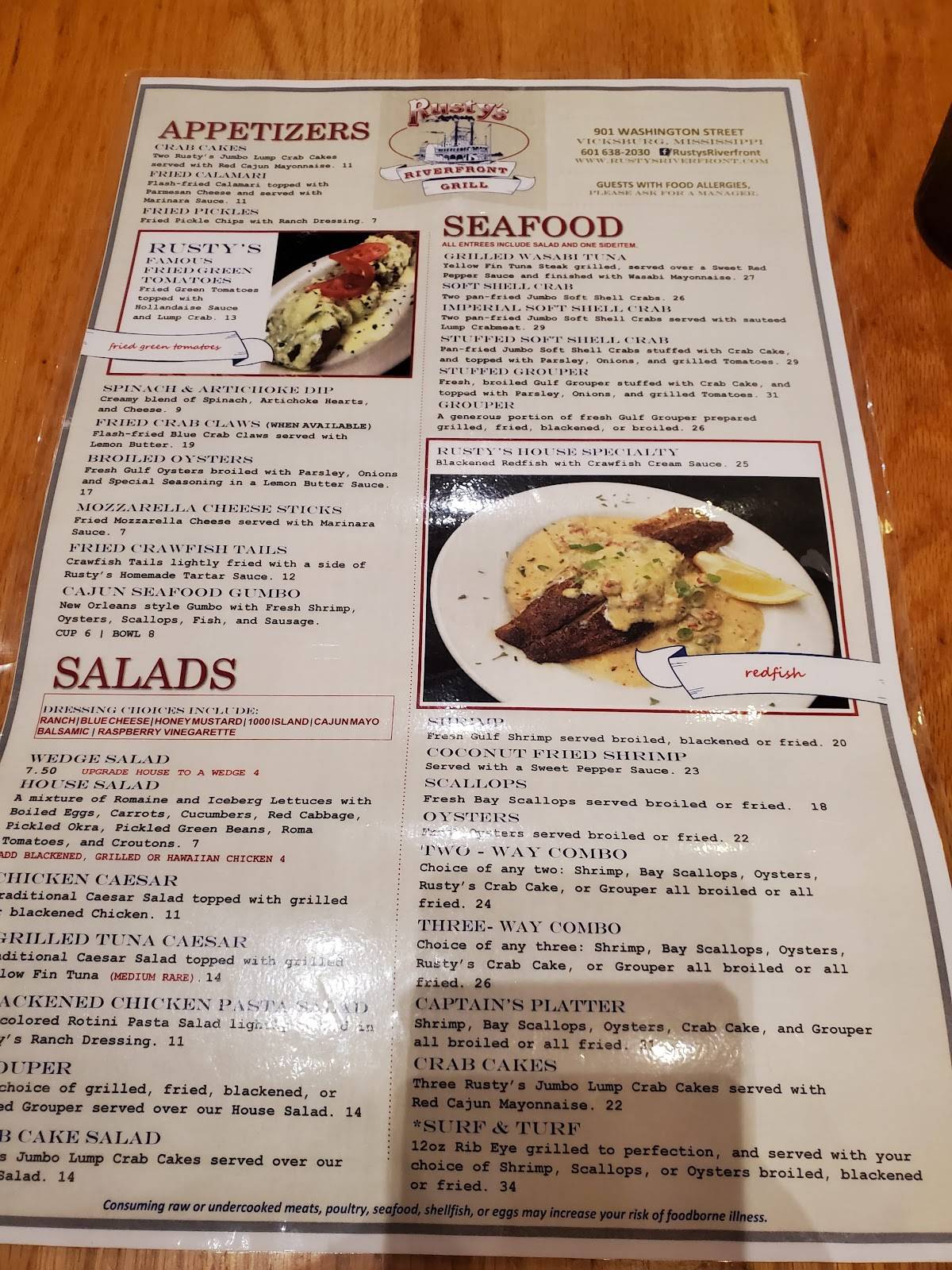 Menu at Rusty's Riverfront Grill restaurant, Vicksburg