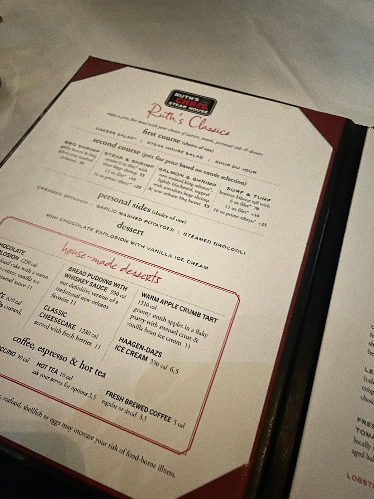 Menu at Ruth's Chris Steak House steakhouse, Charlotte, Fairview Rd