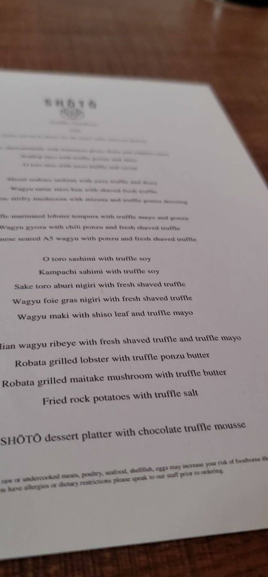 Menu at SHŌTŌ Washington DC restaurant, Washington