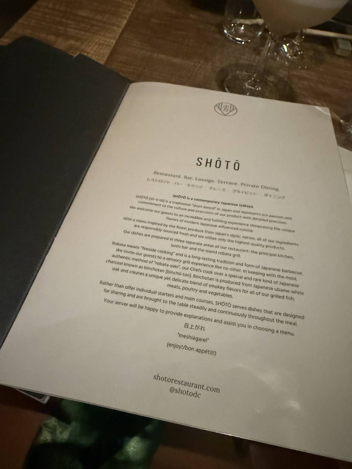 Menu at SHŌTŌ Washington DC restaurant, Washington