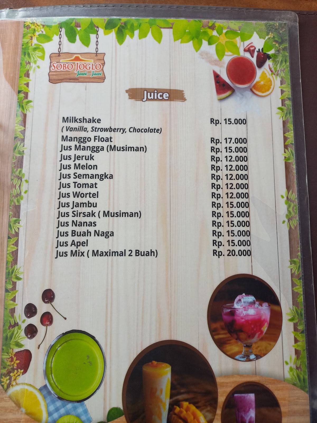 Carta del restaurante SOBO JOGLO Jawi Jawi, Indonesia