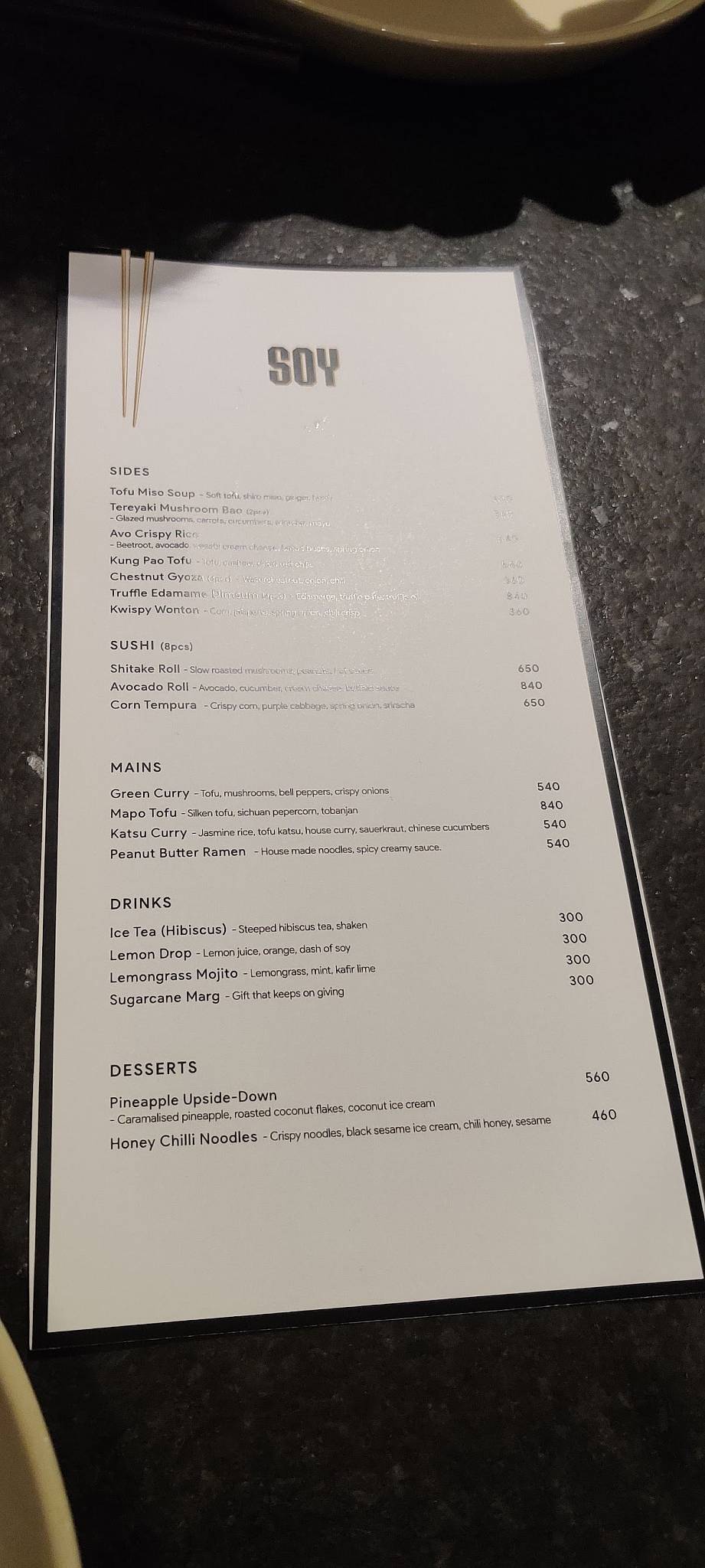 Menu at Soy, Surat