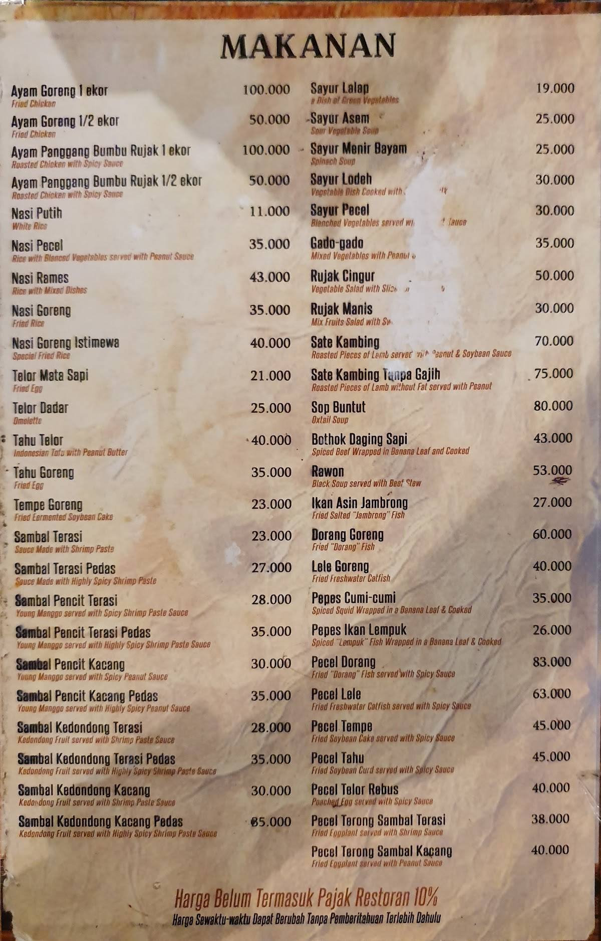 Carta del restaurante SRI Istana Ayam Goreng, Pandaan