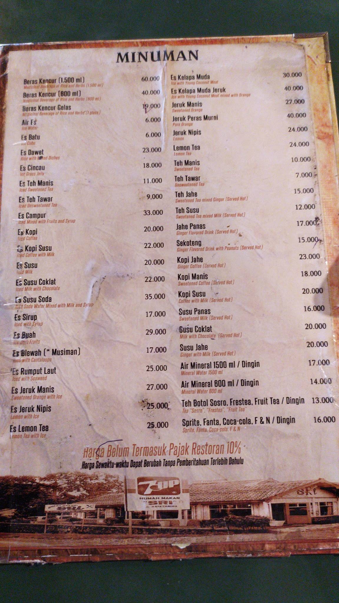 Carta del restaurante SRI Istana Ayam Goreng, Pandaan