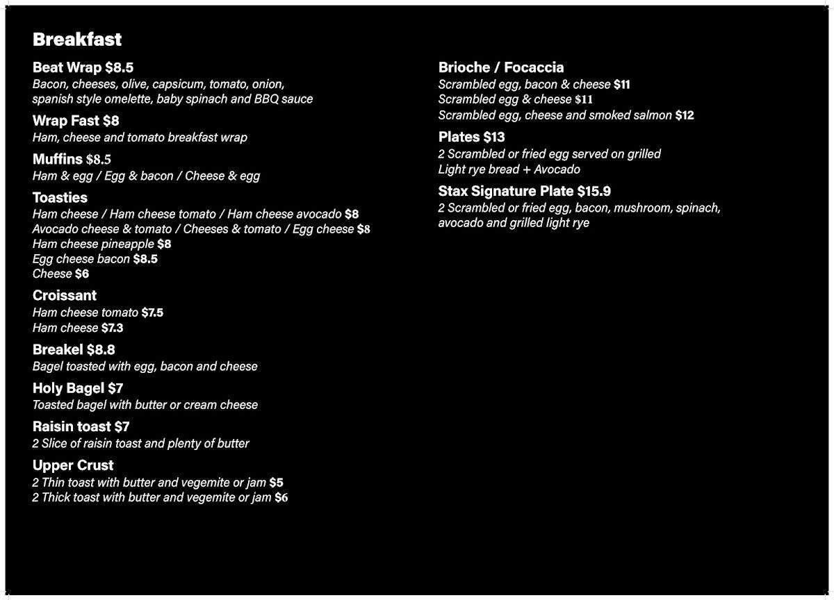 Menu at Stax Cafe, Adelaide, 4/400 King William St