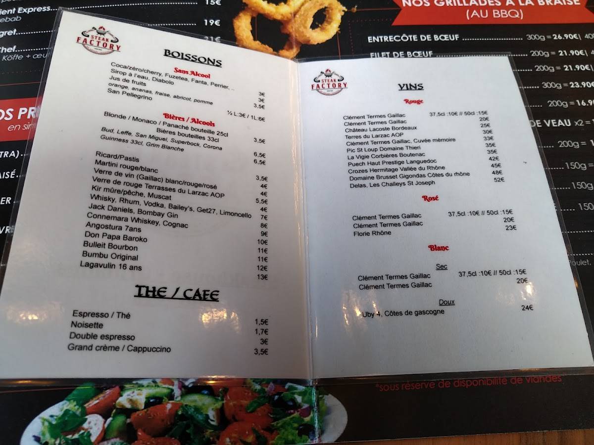 Menu au STEAK FACTORY Grill House restaurant, Castres