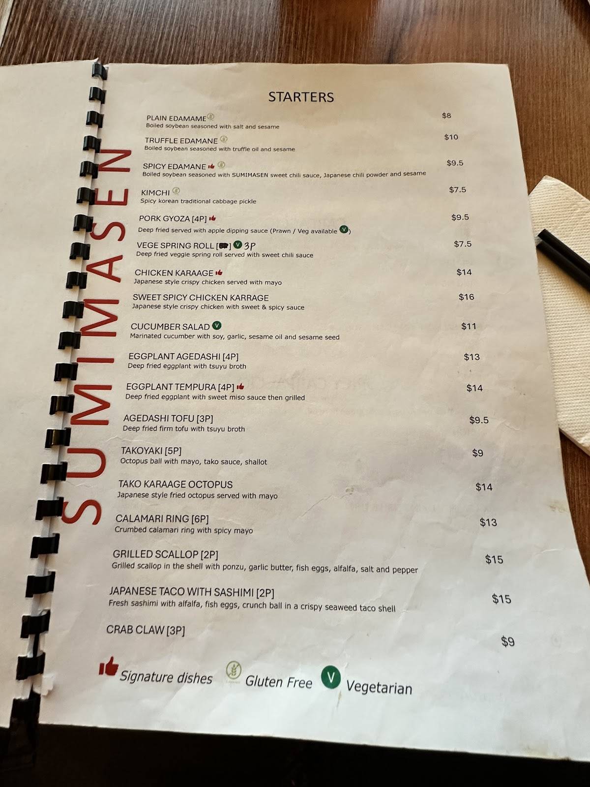Menu at SUMIMASEN restaurant, Ramsgate