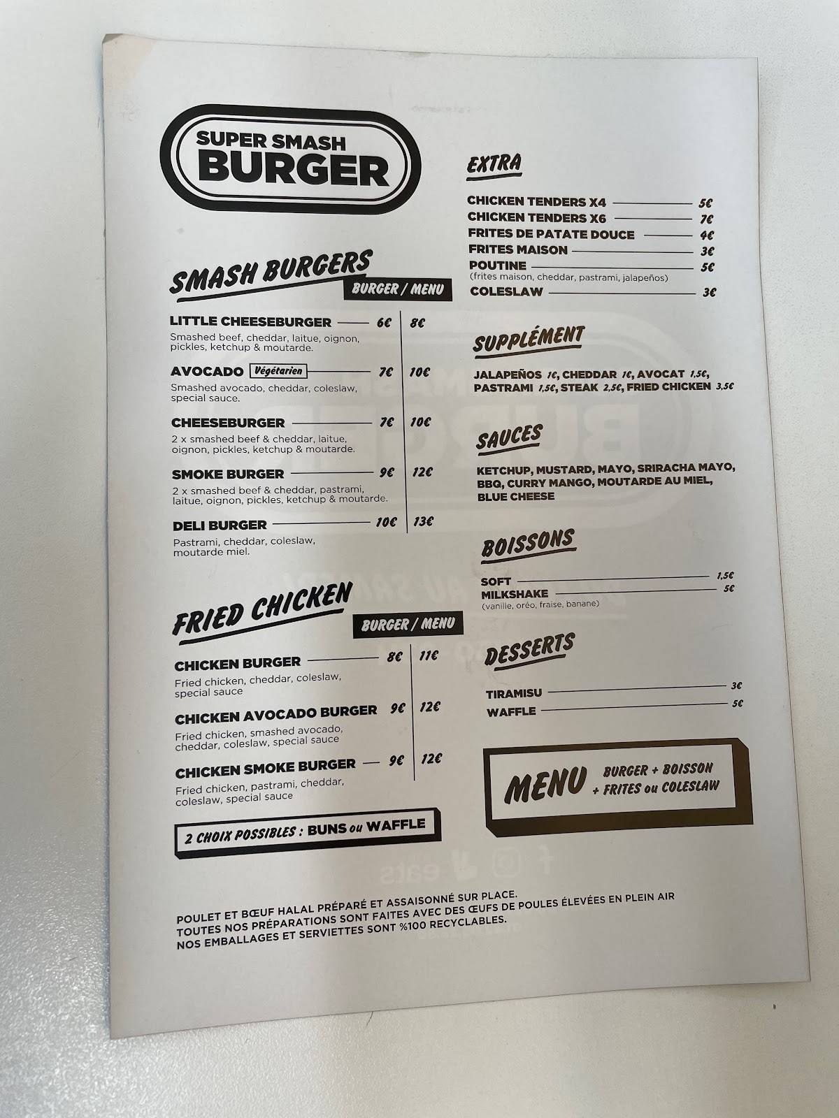Menu au SUPER SMASH BURGER restaurant, Paris