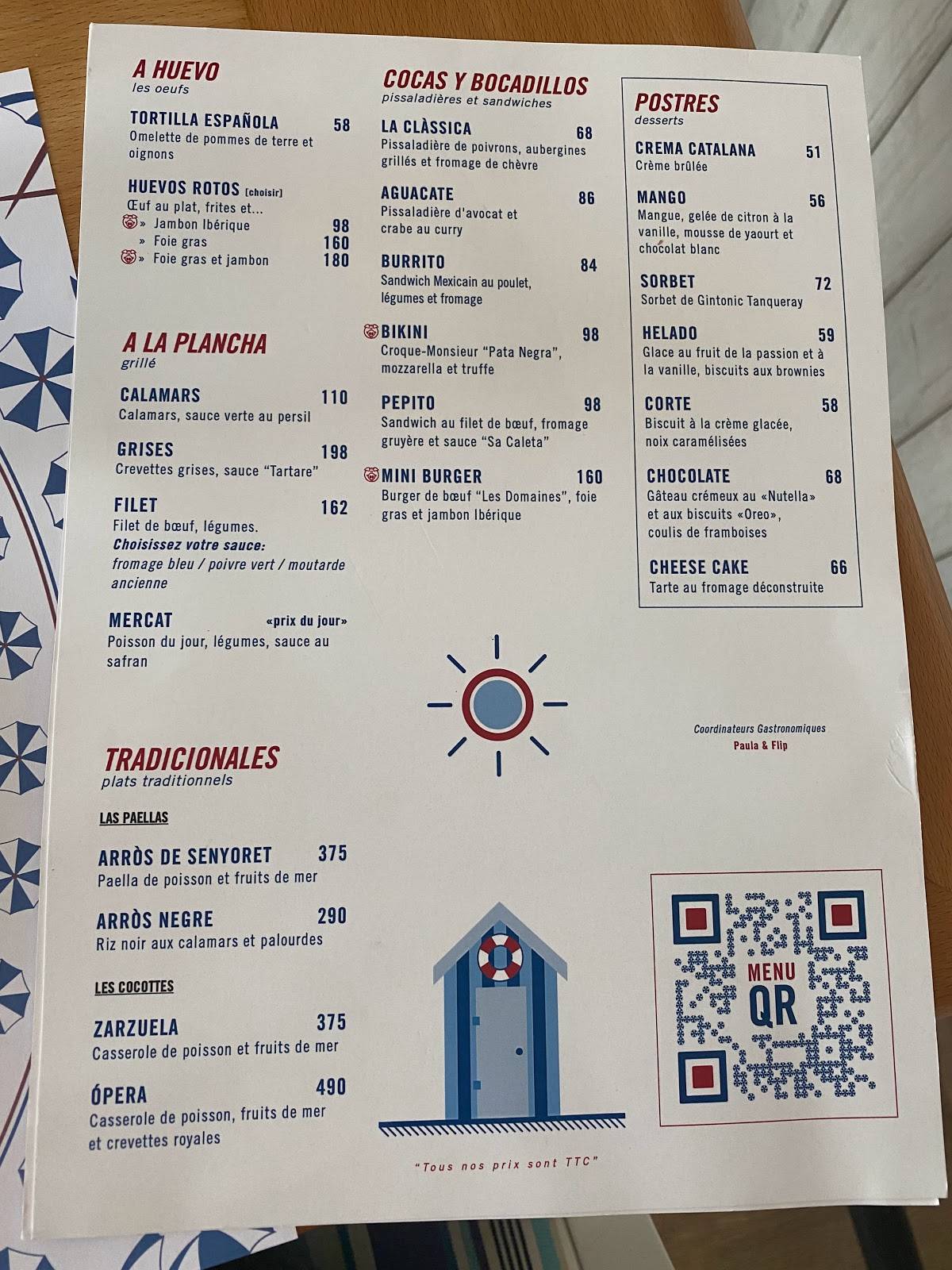 Menu au Sa Caleta restaurant, Rabat