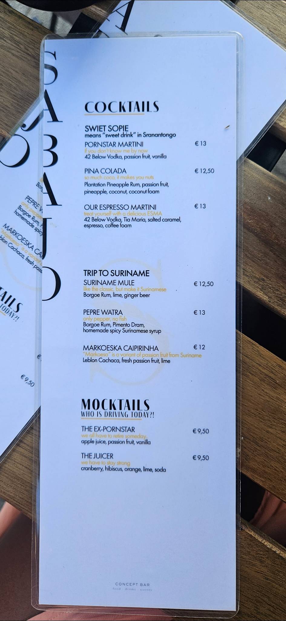Menu at Sabajo Concept Bar, Rotterdam