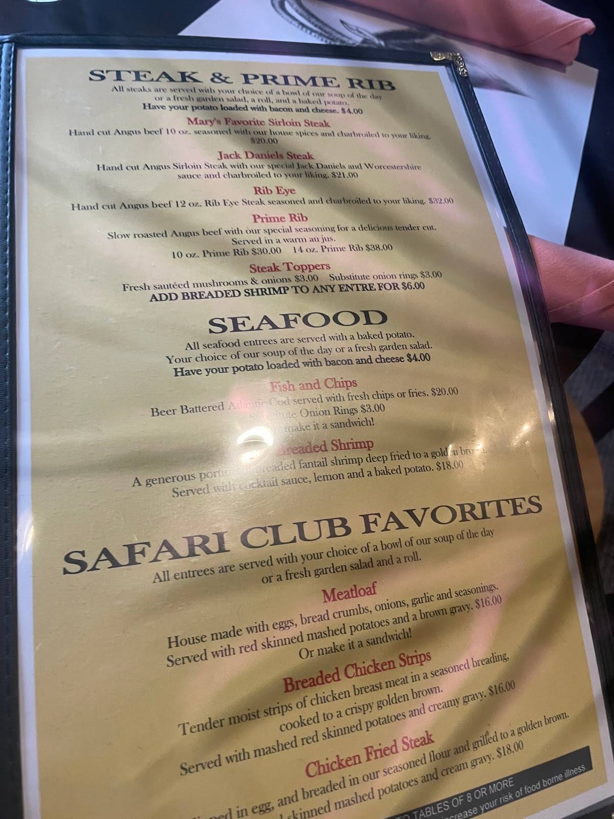 Menu at Thermopolis Safari Club, Thermopolis