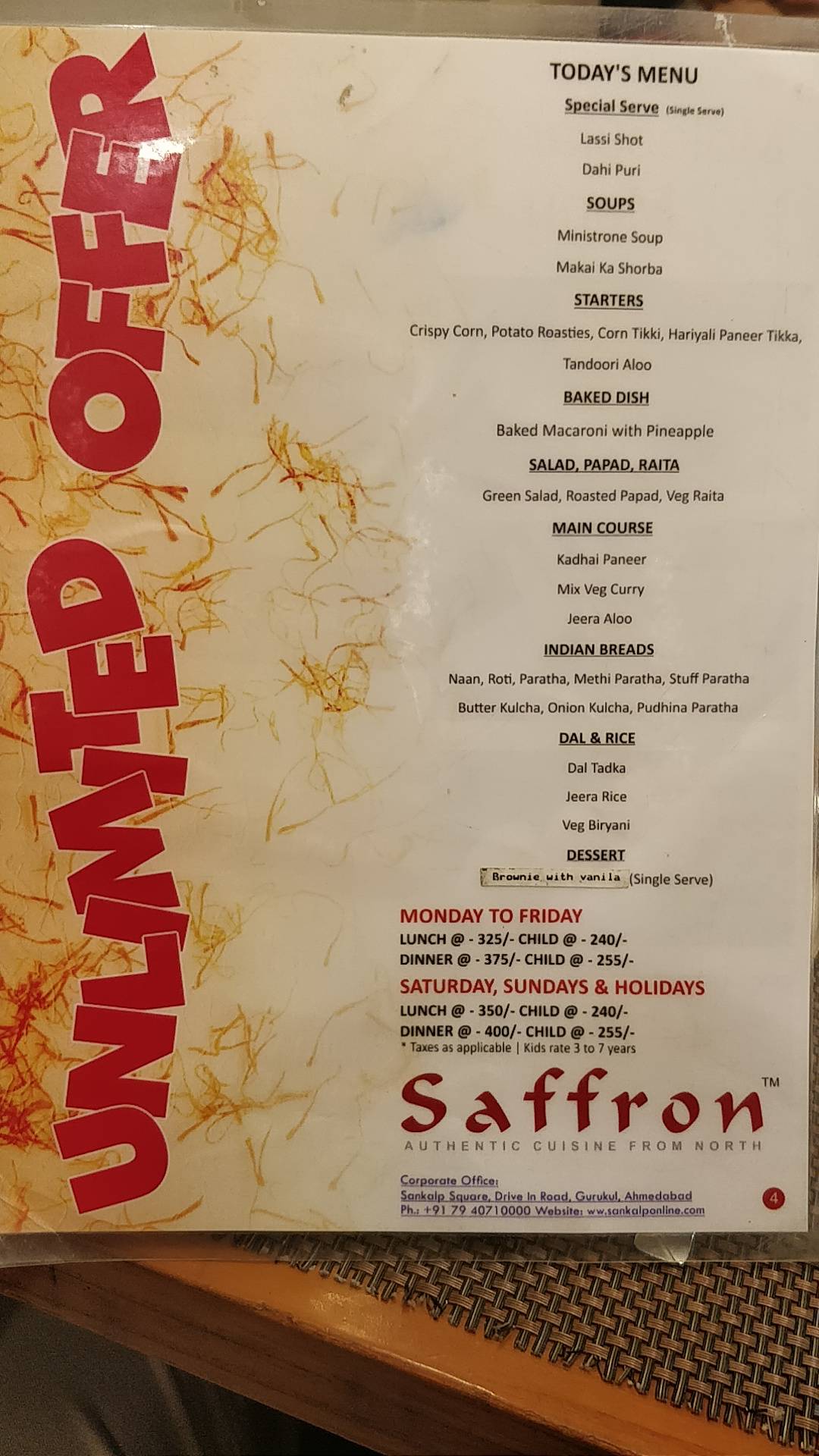 Menu at Saffron Restaurant, Ahmedabad, 1st Floor